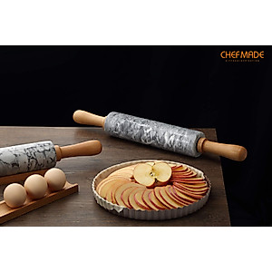 CHEFMADE 18-Inch Marble Rolling Pin with Wooden Handles and Cradle, Non-Stick (Gray and White)