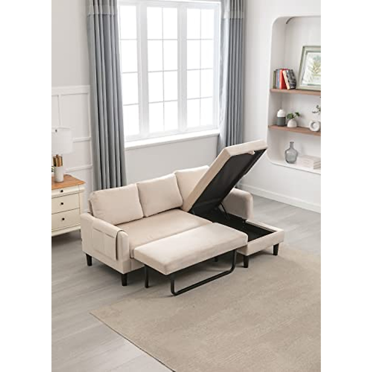 Eafurn 3 Seater Sectional Chaise Lounge, L Shaped Convertible Pull Out Bed and Storage, Comfy Velvet Upholstery Corner Sofa & Couches for Living Room Office, 72.44"D x 50"W x 31.5"H, Beige Soft 72.44"