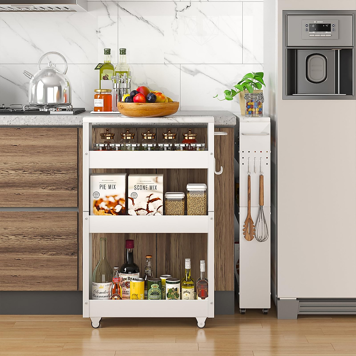 CHLORYARD Slim Storage Cart, 4-Tier Kitchen Rolling Cart Narrow Storage Cabinet with Handle & Wheels, Metal Rolling Shelf Unit for Kitchen Bathroom Laundry Small Places(5 in Width/White)