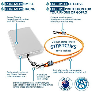 Action Sports Phone Anchor – Tough Outdoors Aussie Made Lanyard & Anti-Tangle Bungie Cord Leash Securely Tether Your Phone ProCam Keys Wallet (Orange)