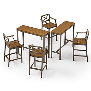 Cozyman Outdoor Bar Stools Set of 2, 26 Inch All Weather HDPS Patio Counter Height Barstools with Armrest & Footrest, Aluminum Bar Stool Chairs for Hot Tub, Balcony, Yard, Indoor Or Outdoor Use, Teak