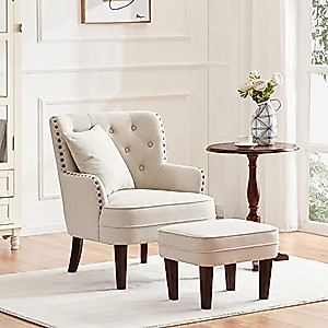 HUIMO Accent Chair with Ottoman and Pillow, Living Room Club Chair and Ottoman Set with Bronzer Nail Head Trim Wooden Legs, Comfy Reading Chair for Bedroom, Upholstered Button Tufted Armchair (Beige)