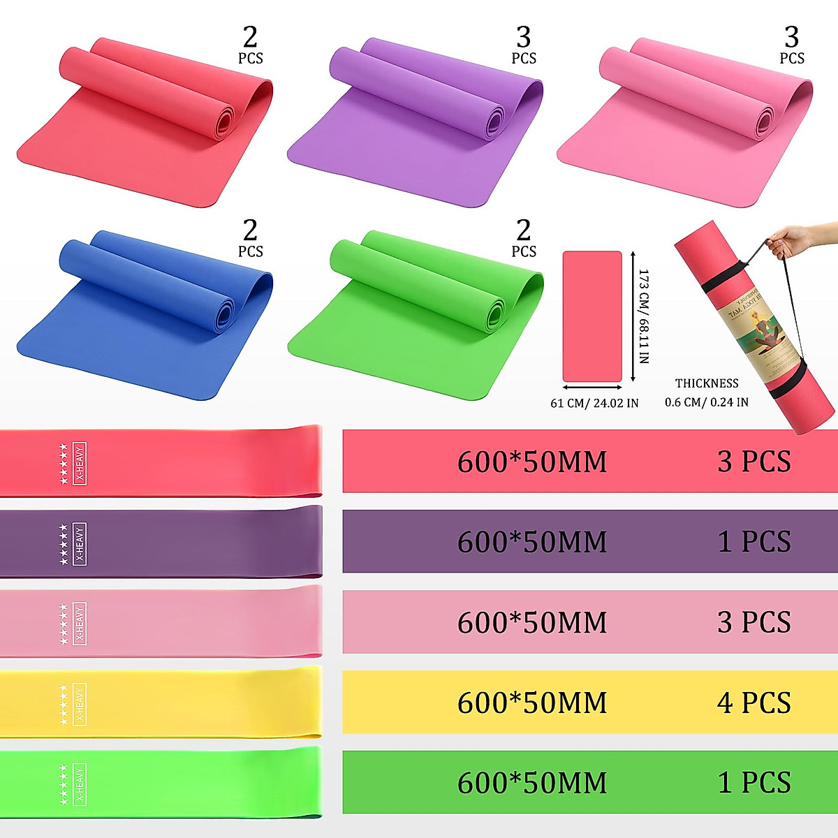 Hoolerry 36 Pcs Thick Yoga Mats Set Includes 12 Pcs 68” x 24” x 6mm Thick Exercise Mat 12 Pcs Resistance Bands 12 Pcs Carrying Straps Yoga Mats in Bulk for Gym Workout(Bright Colors)