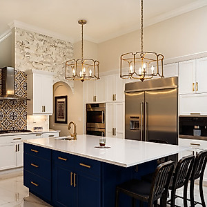 LALUZ Gold Drum Chandelier, 4-Light Modern Dining Room Chandelier Lighting, Large Round Gold Pendant Light Fixture for Kitchen, Foyer & Living Room, Brushed Antique Gold Finish, 22’’ D x 15’’ H