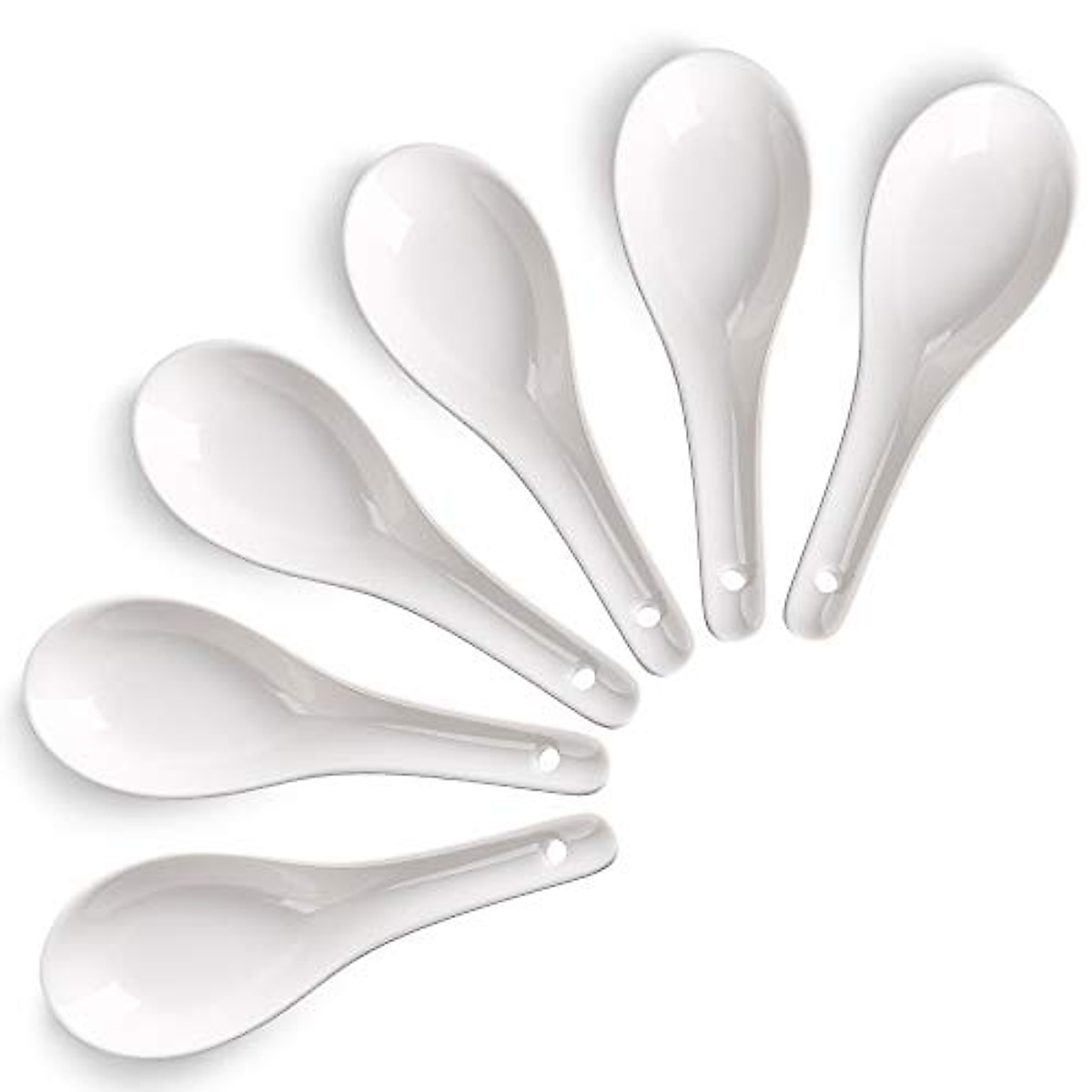 HAPPY KIT 5.3" Asian Soup Spoons Set of 6-White Ceramic Dessert Spoons Ramen Spoons Proper for Corelle Pho Miso Wonton Ramen Dumpling Macaron Dishwasher & Oven Safe