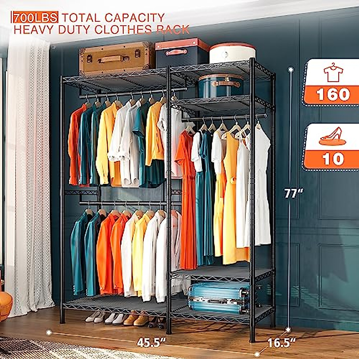 Raybee 77" Heavy Duty Closet Loads 700LBS, Adjustable Clothing Racks for Hanging Clothes, Commercial Garment Rack Heavy Duty Clothes Rack, Free Standing Closet Wardrobe, 77" H x45.5 W x16.5 D, Black