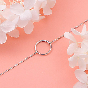 Ladytree S925 Sterling Silver Dainty Simple Circle Pendant Eternity Choker Necklace,Rolo Chain,13+3 inches
