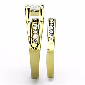 Couples Ring Set Womens 14K Gold Plated Stainless Steel Princess CZ Engagement Ring Mens Gold Plated Flat Wedding Band- Size W7M8