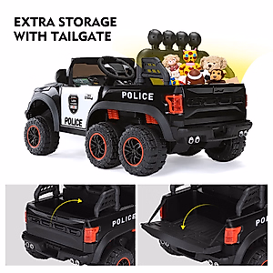 JOYLDIAS Kids Ride On Police Car, 12V Battery Powered Electric Cars W/2.4G Remote Control, 6 Wheels, Real Tailgate, Spring Suspension, LED Flashing Lights, Megaphone Siren Music & Horn Intercom
