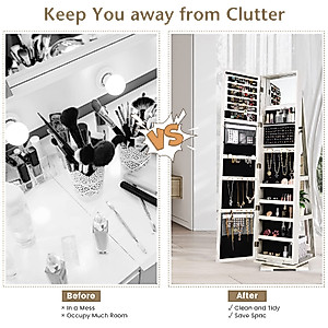 COSTWAY 360 Rotating Jewelry Armoire Cabinet, Standing Jewelry Organizer w/Full-Length Mirror & Large Storage Space, Lockable Mirror Jewelry Cabinet for Girls Women (White)