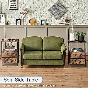 YBING Nightstand with Charging Station End Table with USB Ports and Outlets Bedside Table with Open Shelf Side Table with Fabric Drawers Industrial Night Stand for Bedroom Living Room (Brown)