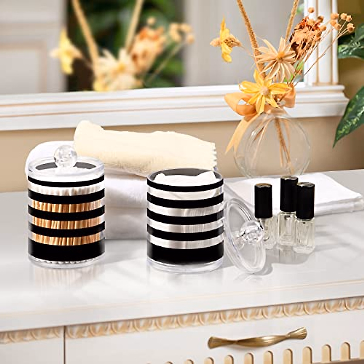 UMIRIKO 2 Pack Black White Stripe Qtip Holder - 10 oz Restroom Bathroom Organizers Storage Containers,Plastic Apothecary Jars with Lids for Cotton Ball,Cotton Swab,Cotton Round Pads,Floss 20605648