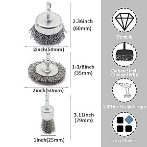 BeQell Wire Brush for Drill, 6pcs Wire Wheel Brush Cup Set, 0.012 Inch Coarse Carbon Steel Crimped Wire Wheel Brush with 1/4-Inch Hex Shank for Rust Removal, Clean Paint ,Corrosion and Scrub Surface