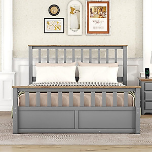 Queen Size Country Style Wooden Platform Bed Frames with 2 Storage Drawers, Modern Platform Bed with Headboard/Footboard, Noise-Free for Bedroom Boys Girls Adults Teens, Solid Wood Slat Support(Gray)