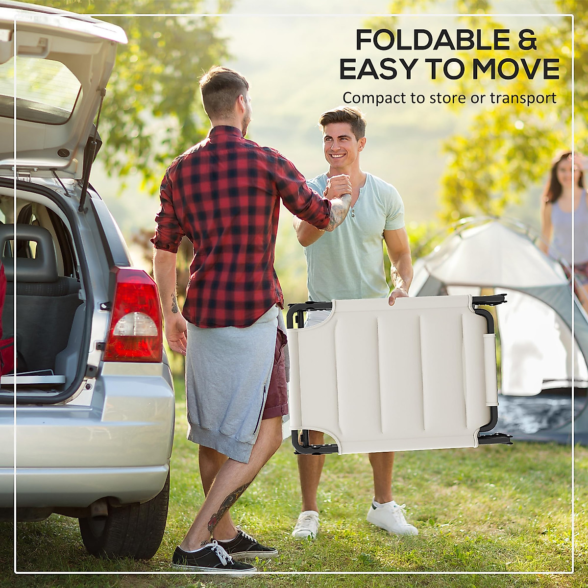 Outsunny Outdoor Lounge Chair, Adjustable Backrest Folding Chaise Lounge, Cushioned Tanning Chair with Sunshade Roof & Pillow Headrest for Beach, Camping, Hiking, Cream White