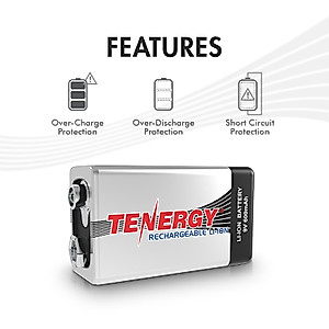 Tenergy 9V 600mAh Li-ion Rechargeable Batteries, 10 Pack