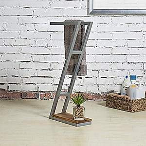 MyGift 2-Feet Tall Modern Z-Shaped Silver Tone Metal Dual Bar Towel Rack with Rustic Burnt Solid Wood Base, Free Standing Bathroom Laundry Room Holder Stand