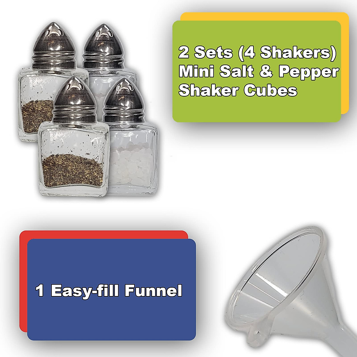 Pack of 4 Clear Glass Mini Cube Salt & Pepper Shakers with Stainless Tops and BONUS Easy Fill Funnel by NetSellsIt