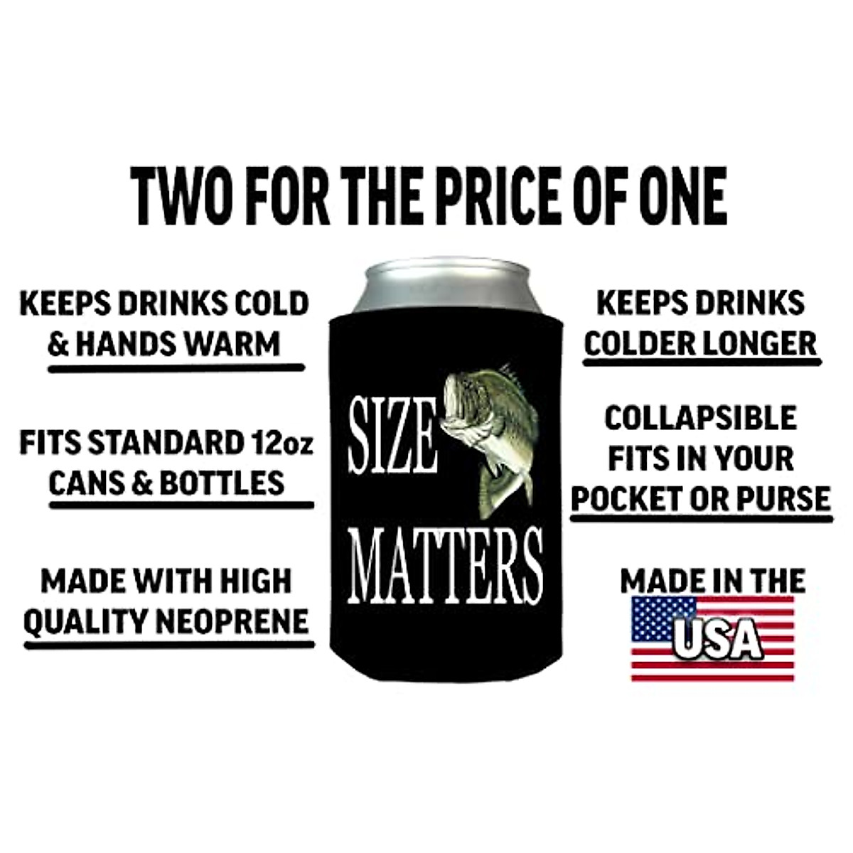 Funny Fishing Size Matters Joke Collapsible Beer Can Bottle Beverage Cooler Sleeves 2 Pack