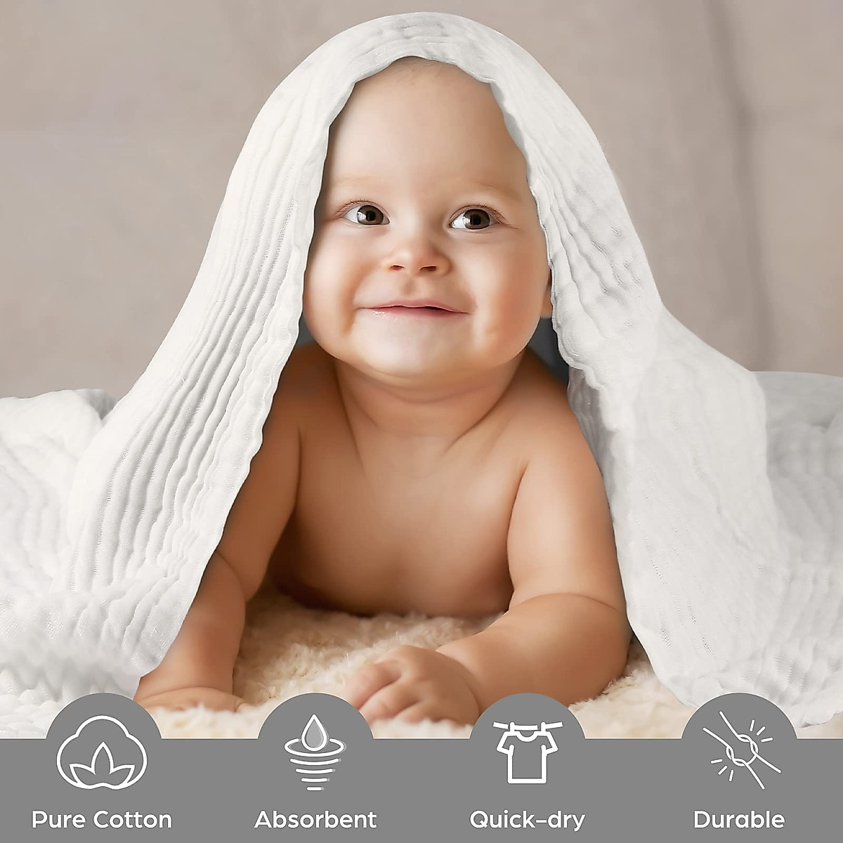 MUKIN Baby Bath Towels, Super Soft Cotton Receiving Blanket for Baby's Delicate Skin,2Pack Swaddle Blanket for Newborns Toddlers Boy Girl,Baby Registry as Shower (White+White)