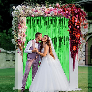 DecorWoo 3ft x 8ft Foil Fringe Backdrop Curtain, Metallic Tinsel Foil Fringe Curtains, Party Streamers Backdrop, Baby Shower Birthday Holiday Celebration,Party Decorations (Green)