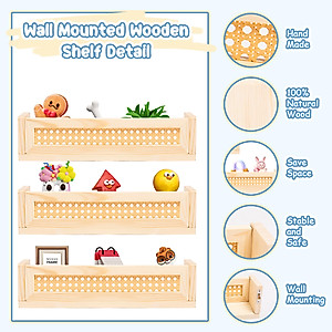 Defined Deco 3 Pack Floating Rattan Shelves, 16" Boho Rattan Wall Shelf Storage for Bathroom and Kitchen, Floating Wicker Bookshelf Rattan for Kids and Nursery Room Bookcases or Toy Decor