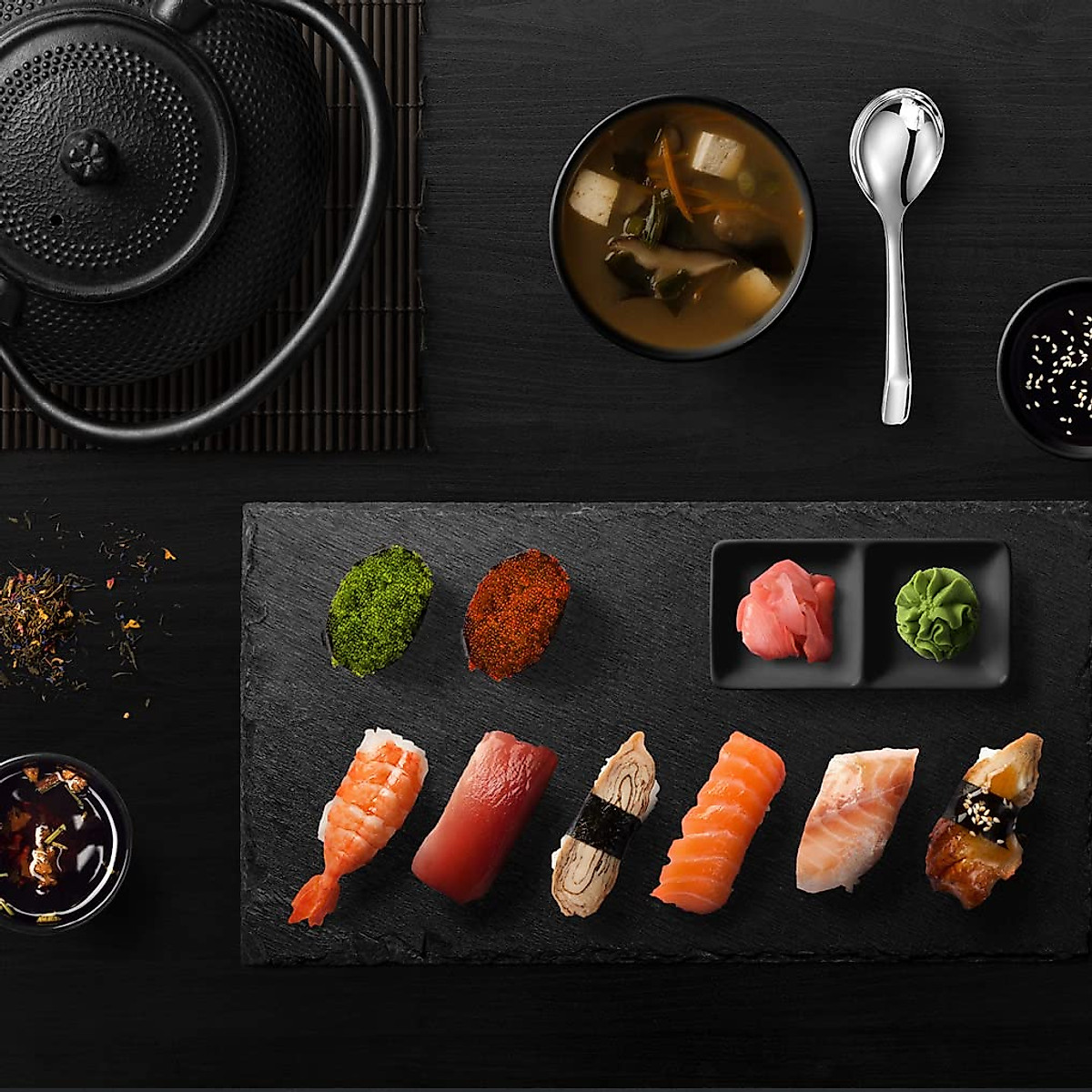 KEAWELL Premium 7.3 Inches Soup Spoons with Hook Handle, Set of 4, 18/10 Stainless Steel, Deep Bowl, Perfect for Ramen, Pho, Miso, Dumplings, Noodles, Wonton, Dishwasher Safe (Curved-Handle)