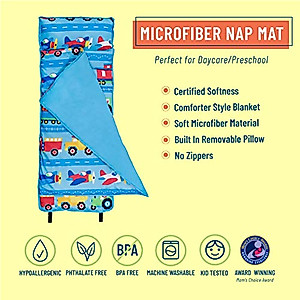 Wildkin Microfiber Nap Mat with Reusable Pillow for Boys and Girls, Perfect for Daycare and Preschool Toddler Sleeping Mat, Soft Cotton Blend Materials Nap Mat for Kids (Trains, Planes, and Trucks)