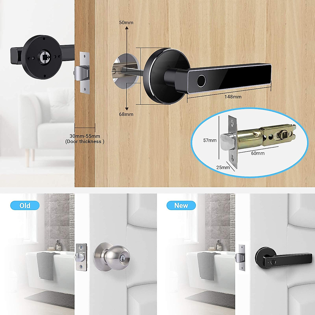 Tiffane Fingerprint Door Lock, Smart Door Lock, Keyless Entry Door Lock, Smart Locks for Front Door, Biometric Door Lock, Smart Door Knob, Bluetooth WiFi Door Lock Security for Smart Home(Black)