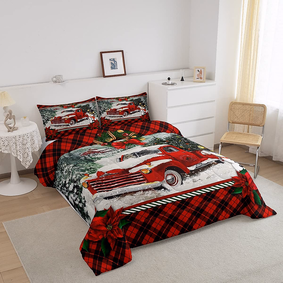 Homewish Christmas Truck Comforter Set Queen Size Kids Girls Boys Red Plaid Decor Pine Tree Bedding Set 3pcs Winter Snow View Quilt Set Happy New Year Gifts Duvet Insert with 2 Pillowcases
