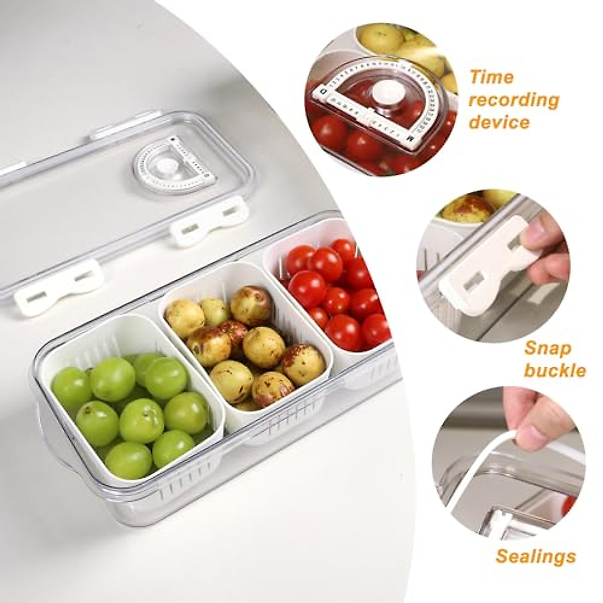 OZEPLASC Fruit Storage Containers for Fridge 3 Compartments Snack Box Container BPA-Free Divided Serving Tray with Lid Portable Veggie Fruit and Vegetable Containers for Fridge Party Travel Picnic
