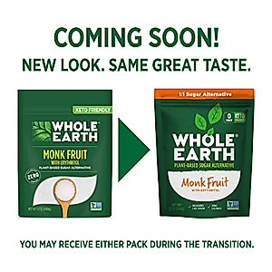 WHOLE EARTH Monk Fruit Sweetener with Erythritol, Plant-Based Sugar Alternative, 12 Ounce Pouch