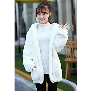 Women Bunny Ears Hoodie Fluffy Bunny Sweatshirt Top Coat Long Sleeve Kawaii Clothes Cute Hoodies Jacket (Bunny White)