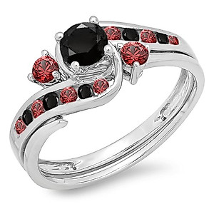 Dazzlingrock Collection 10K Round Black Diamond & Red Ruby Women Swirl Engagement Ring Band Set, White Gold, Size 6