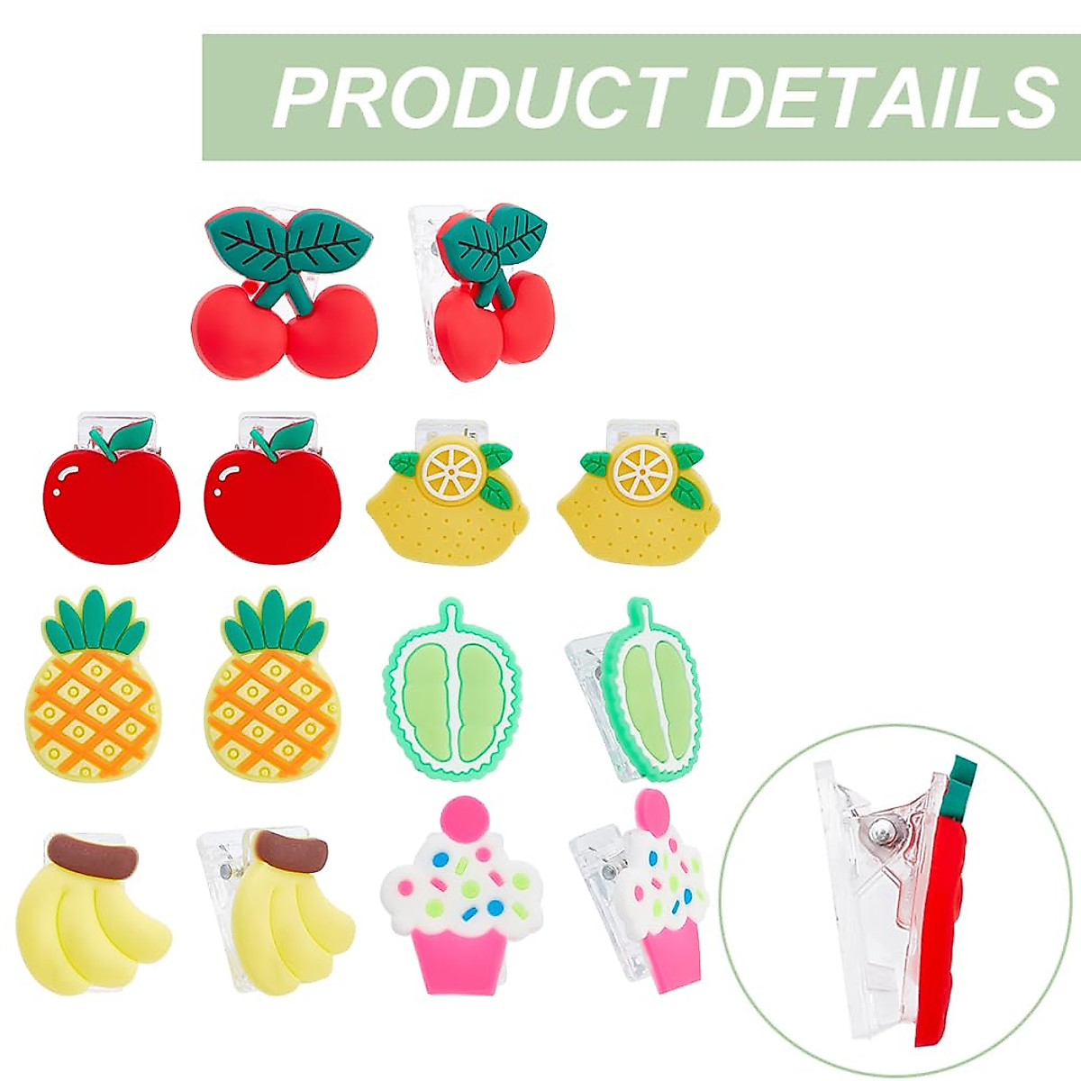 GOMAKERER 22 Pcs Cute Chip Clips, 11 Styles Plastic Fruit Bag Clips Funny Chip Clips Cute Bag Clips Dispenser Bag Clips Food Seal Storage Clips Photo Card Clips