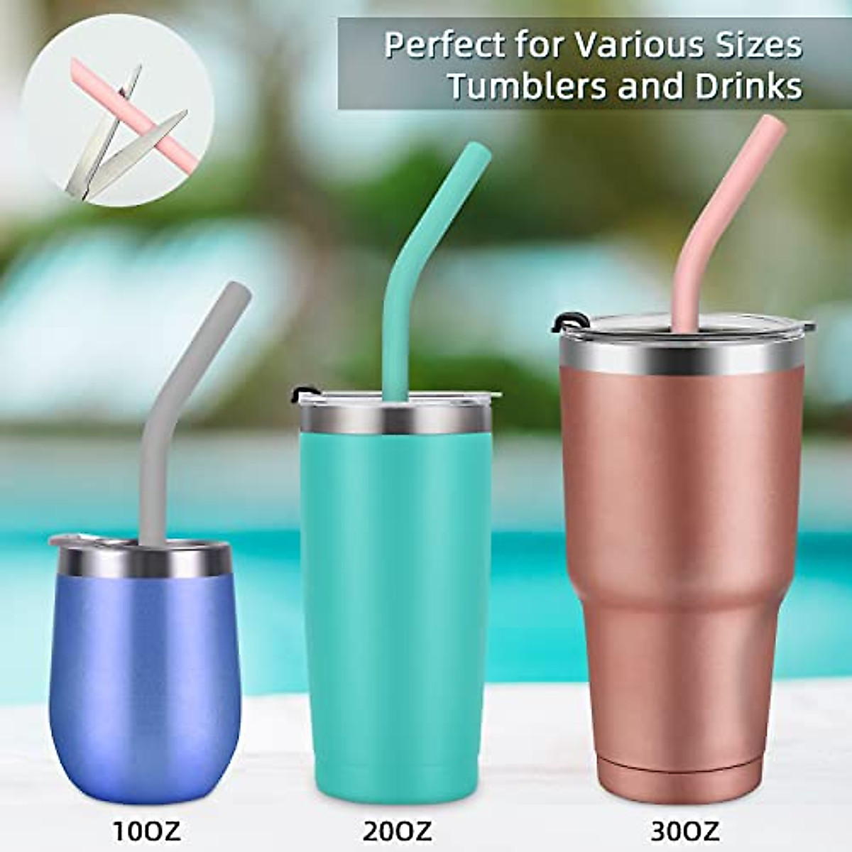 Elyum Set of 12 Reusable Silicone Straws, 10'' Extra Long Silicone Drinking Straws with 1 Bag and 2 Cleaning Brushes Multicolor BPA Free Smoothie Straw for 30oz and 20oz Tumblers (12 Bent)