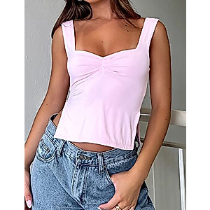 Lauweion Women Sleeveless Y2K Skinny Crop Tank Tops Strappy Ruched Sweetheart Neck Backless Slits Bustier Top Pink