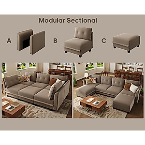LLappuil Modular Sectional Sofa with Storage U Shaped Couch with Reversible Chaise Velvet Waterproof Anti-Scratch Sofas for Living Room 6 Seats Grey Brown