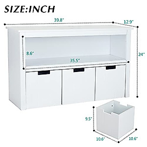 Kinsuite 3 Drawers Storage Cabinet with Hidden Wheels, Wooden Storage Organizer Unit with Large Storage Shelf, Multifunctional Floor Storage Chest for Living Room, Bedroom, Reading Room, Office, White