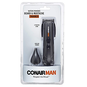 ConairMAN Beard Trimmer for Men, Includes Nose and Ear Trimmer and 5-Position Comb Attachments, 3 piece Men's Grooming Kit, Battery Operated