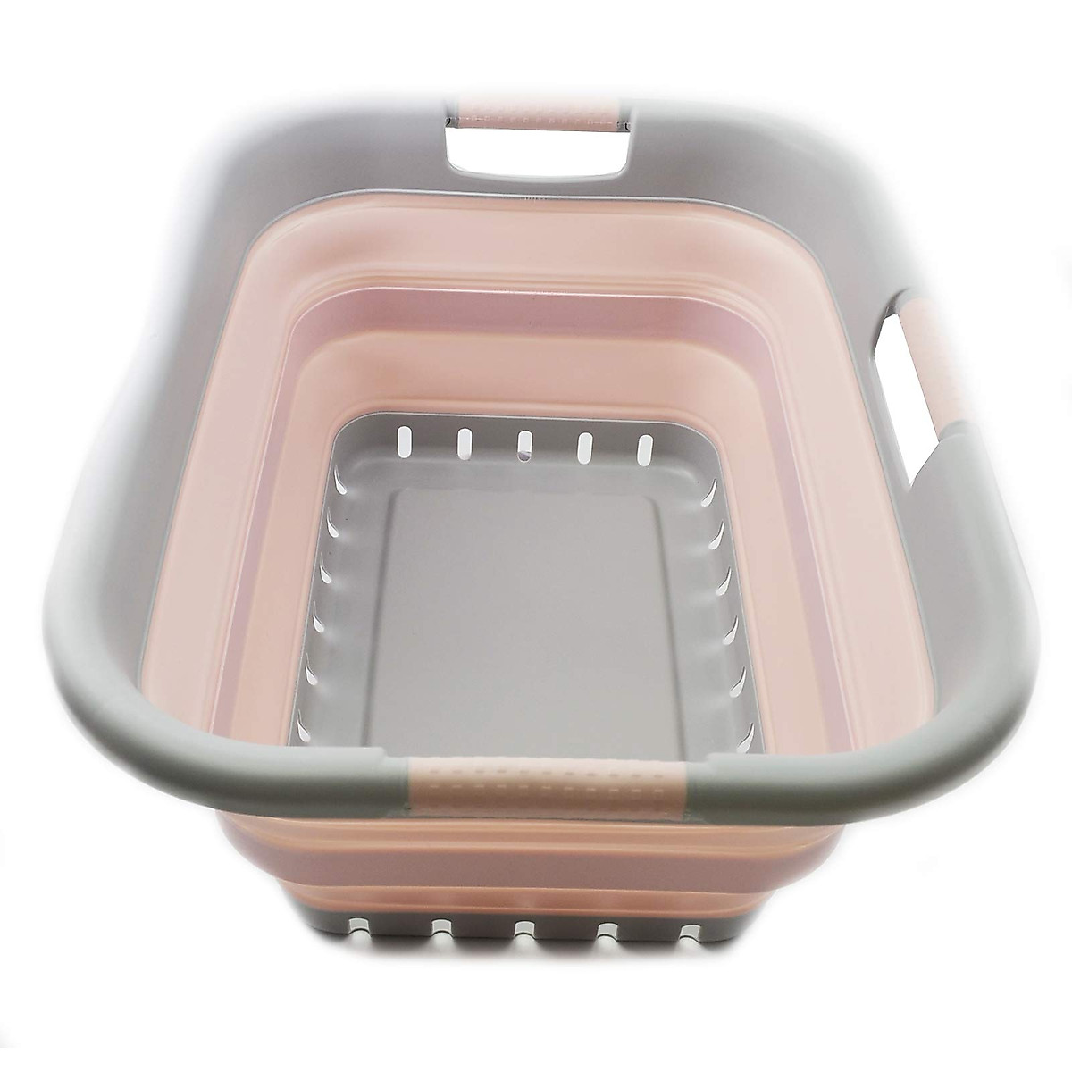 SAMMART 41L Collapsible Plastic Laundry Basket - Foldable Pop Up Storage Container/Organizer - Portable Washing Tub - Space Saving Hamper/Basket (3 handled rectangular, Grey/Pink)
