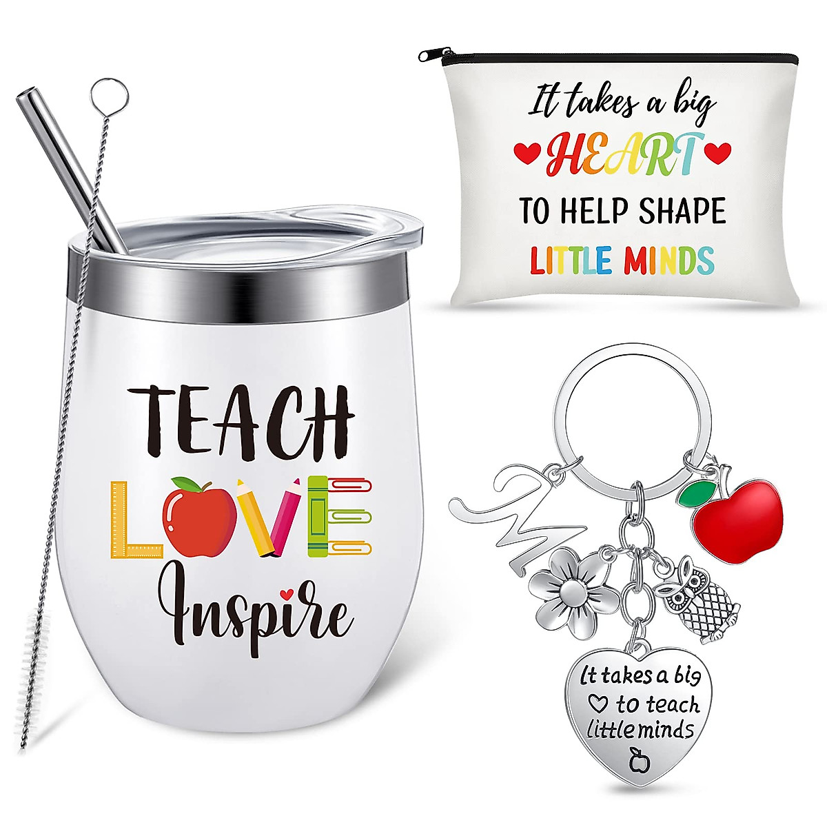 3 Pieces Teacher Appreciation Gift 12 oz Teach Love Inspire Wine Tumbler It Takes a Big Heart To Help Shape Little Minds Cosmetic Bag and Teacher Keychain for Christmas Birthday (Letter M Style)