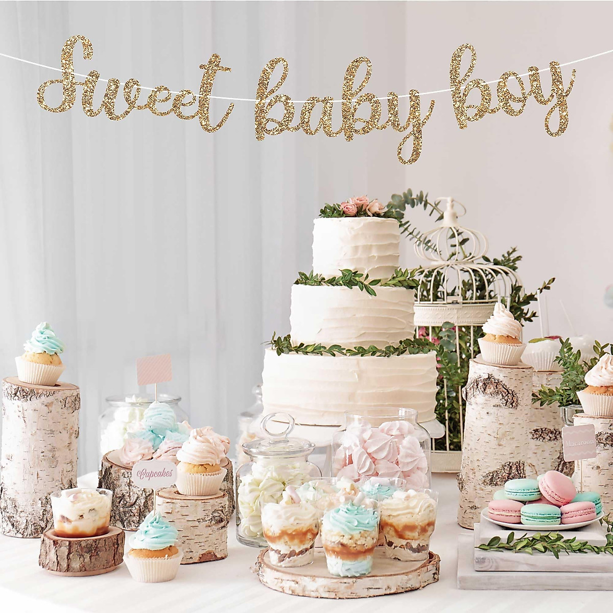 Pre-Strung Sweet Baby Boy Banner - NO DIY - Gold Glitter Baby Shower Gender Reveal Party Banner For Boy - Pre-Strung Garland on 8 ft Strand - Baby Shower Party Decorations. Did we mention no DIY?