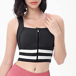 Sports Bra for Women Zipper Front Lightly Lined Seamless Yoga Bra Tank Tops Wireless Padded Longline Striped Bras Black