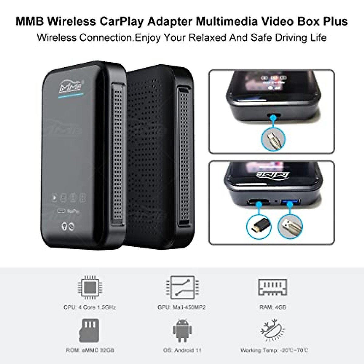Smart World Company MMB 11.0 Android OS Video Streaming Adapter for Carplay and Android Auto Media interfaces enables app Download Music Video Navigation USB Type-C HDMI