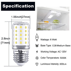 ZSCBBKJ Led Refrigerator Light Bulb Replacement 40W 60W E26 Base Appliance Light Bulb, 6W Daylight White 5000K Medium Base Fridge Light Bulbs, Non-Dimmable Freezer Home Lighting Lamp 2 Pack