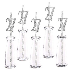 Silver Happy 27th Birthday Straw Decor, Silver Glitter 24pcs Cut-Out Number 27 Party Drinking Decorative Straws, Supplies