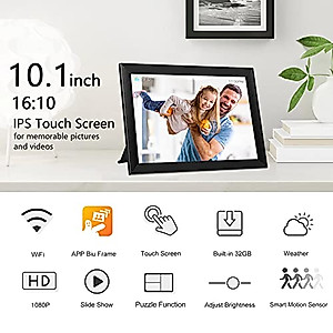 10.1 Inch WiFi Digital Picture Frame, IPS Touch Screen Share Pictures&Videos Via App or Email, Built in 32GB Memory, Support Micro SD Card Extend Storage, Auto-Rotate, Motion Sensor