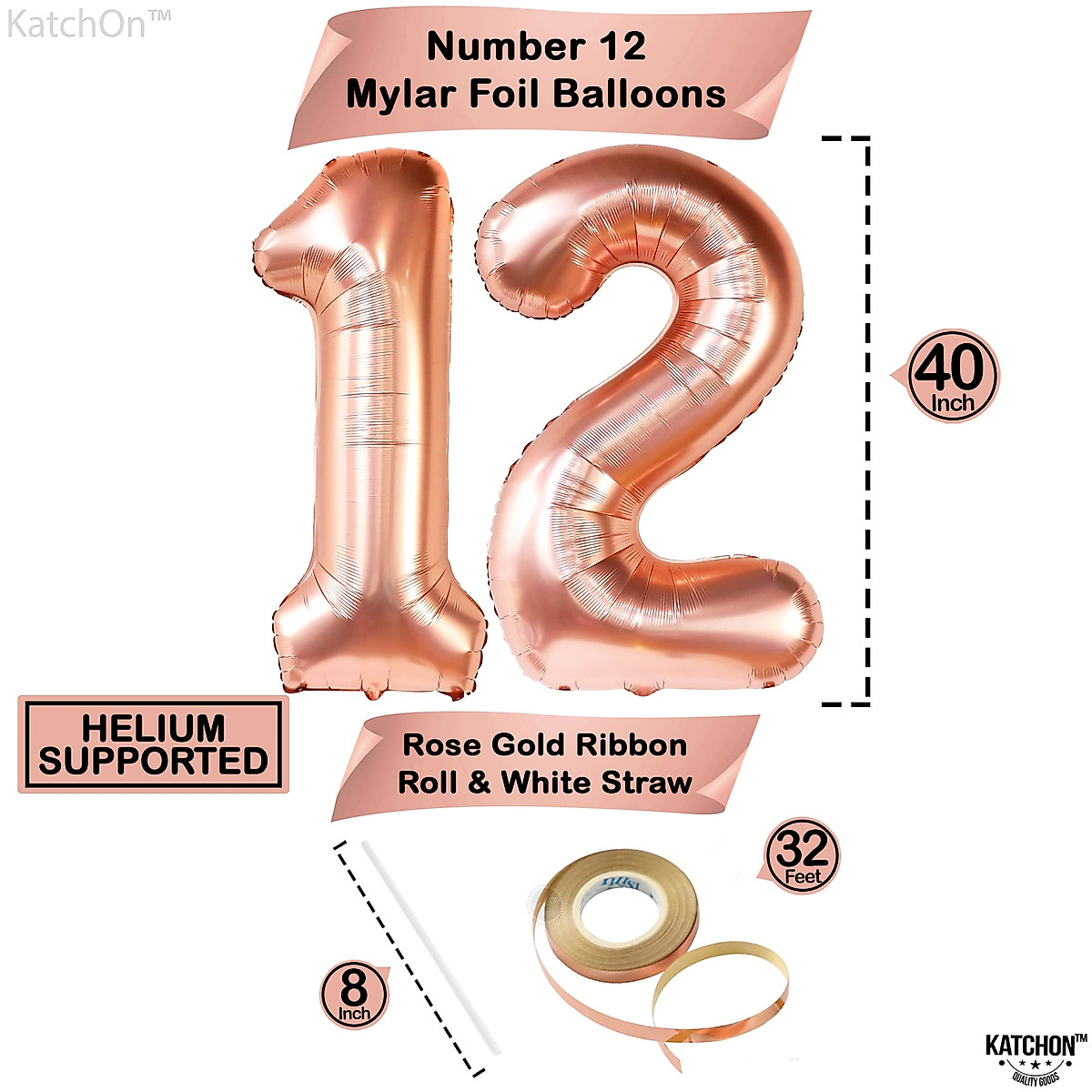 KatchOn, Rose Gold 12 Balloon Number - Huge 40 Inch | 12th Birthday Decorations for Girls | 12th Birthday Balloons, Confetti Balloons | 12 Birthday Balloon for Girls | Number 12 Balloons for Birthdays