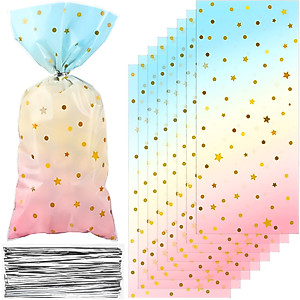 Pajean 100 Pcs Pastel Cellophane Bags Rainbow Party Favors Bag Star Dot Treat Goodie Candy Plastic Gift Pink Blue Tie Dye Wrapping Clear Cello for Baby Shower Birthday Decoration Supplies